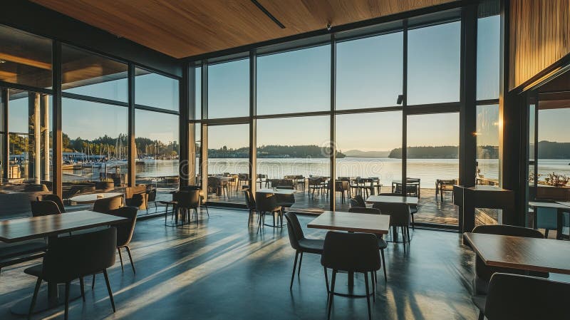 Waterfront Cafe with Floor-to-ceiling Windows Overlooking a Calm Bay ...