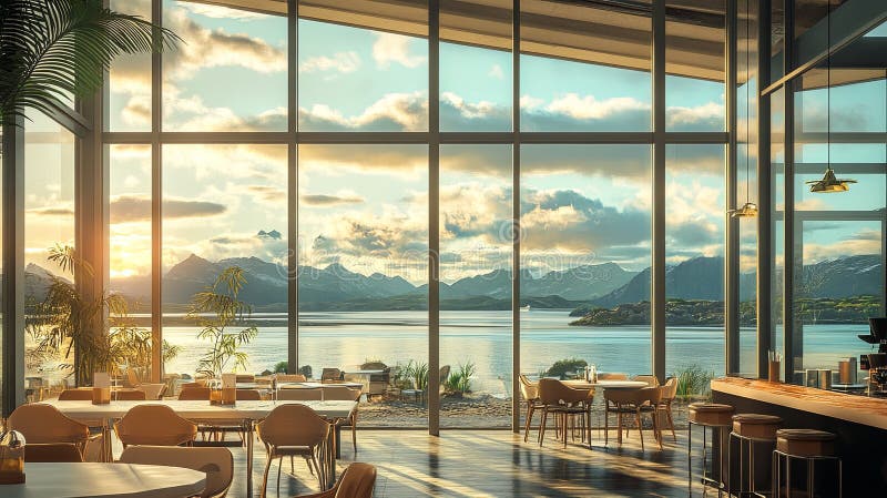 Waterfront Cafe Floor Ceiling Windows Overlooking Calm Bay Stock Photos ...