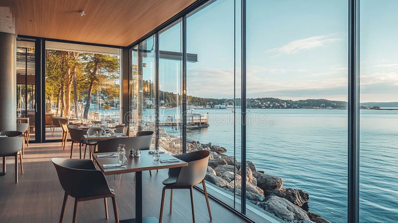 Waterfront Cafe Floor Ceiling Windows Overlooking Calm Bay Stock Photos ...