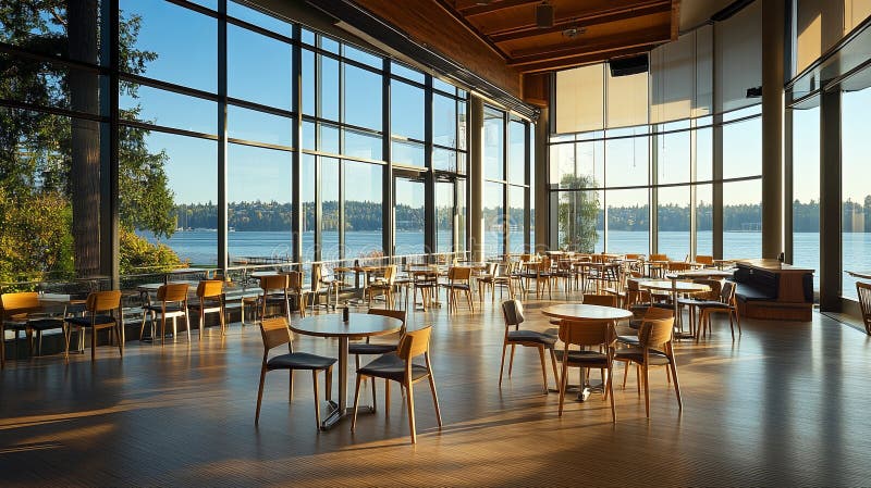 Waterfront Cafe with Floor-to-ceiling Windows Overlooking a Calm Bay ...