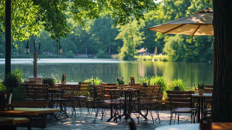 Waterfront Cafe with Outdoor Seating by a Serene Lake, Surrounded by ...