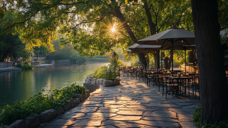 Waterfront Cafe with Outdoor Seating by a Serene Lake, Surrounded by ...