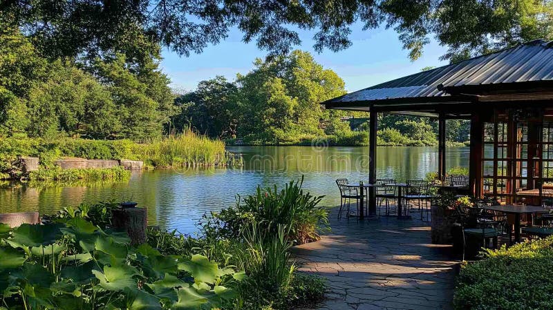 Waterfront Cafe with Outdoor Seating by a Serene Lake, Surrounded by ...