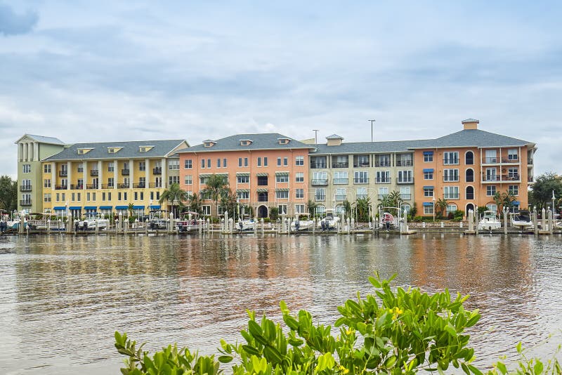 Waterfront Condominiums with Boat Slips Stock Photo - Image of estate ...