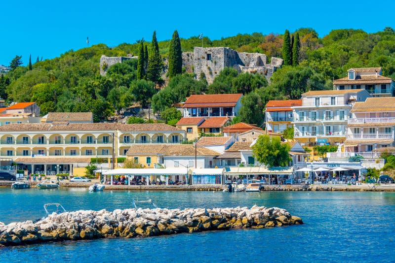 Waterfront of Greek Town Kassiopi, Corfu Stock Photo - Image of port ...