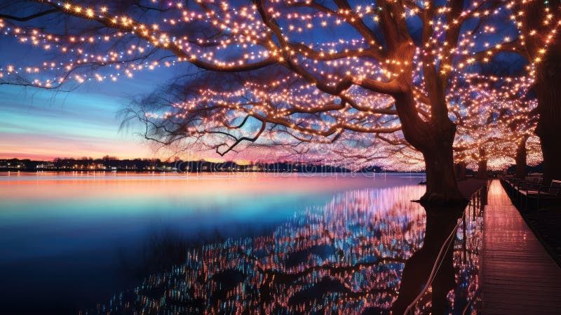 Waterfront Holiday Lights Frame Stock Illustration - Illustration of ...