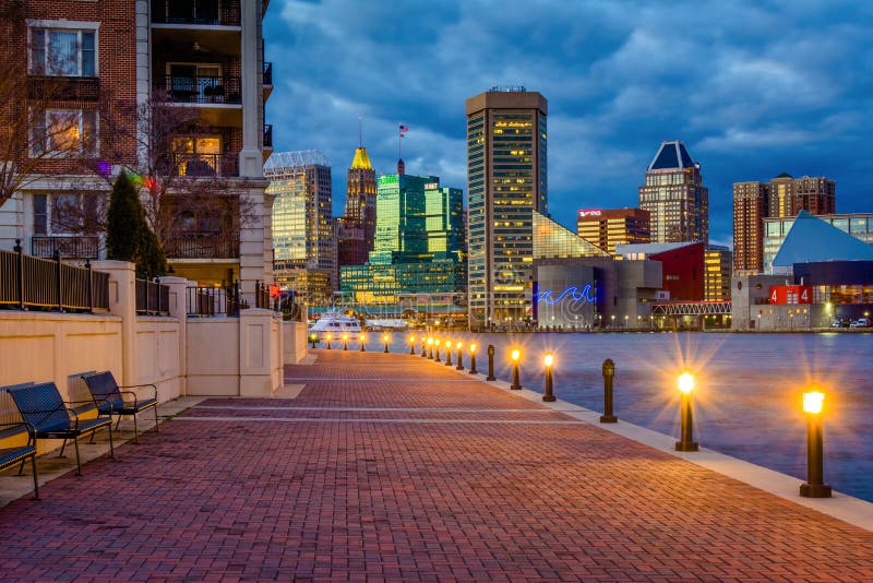 The Waterfront Promenade and Baltimore Skyline Seen at the Inner Harbor ...