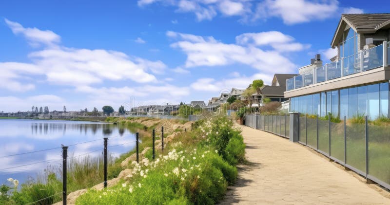 A Waterfront Residential Area with Pathways, Glass Barriers, and a ...