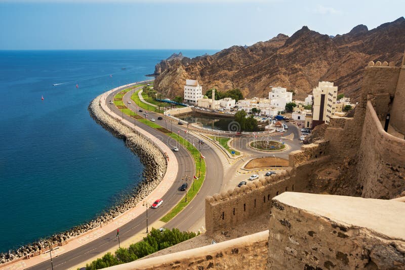 Waterfront Road Under the Corniche of Mutrah in Muscat with Cars Stock ...