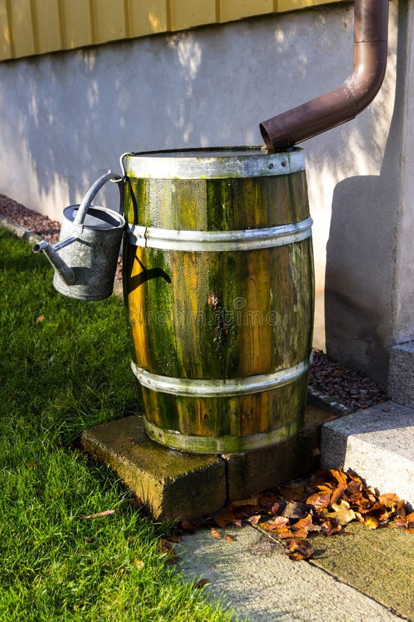 Watering can on barrel stock photo. Image of brown, tools - 116869352