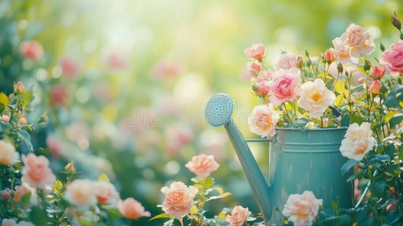 Watering Can Filled with Beautiful Garden Roses Stock Illustration ...
