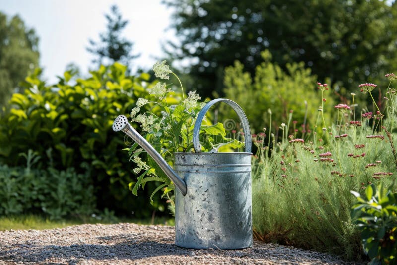 Watering Can in Front of Field in a Garden Garden Stock Illustration ...
