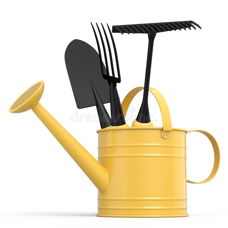 Watering Can with Garden Tools Like Shovel, Rake and Fork on White ...