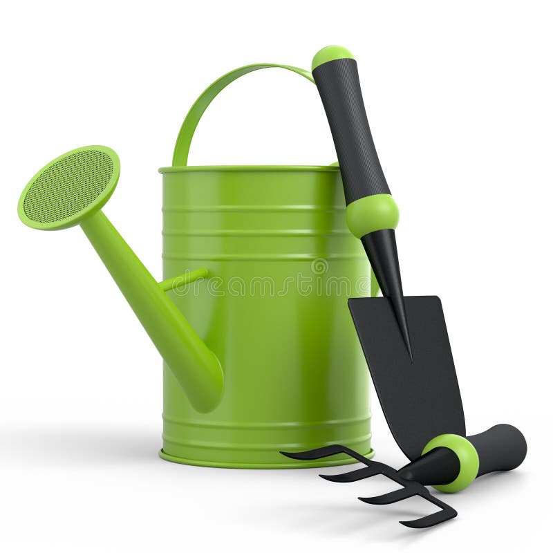 Watering Can with Garden Tools Like Shovel, Rake and Fork on White ...