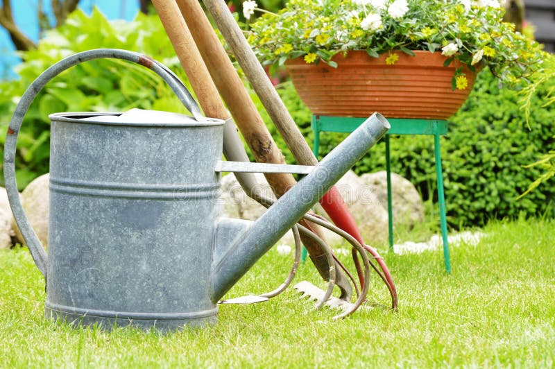 Watering Can and Garden Tools Stock Photo - Image of grass, tool: 31555576