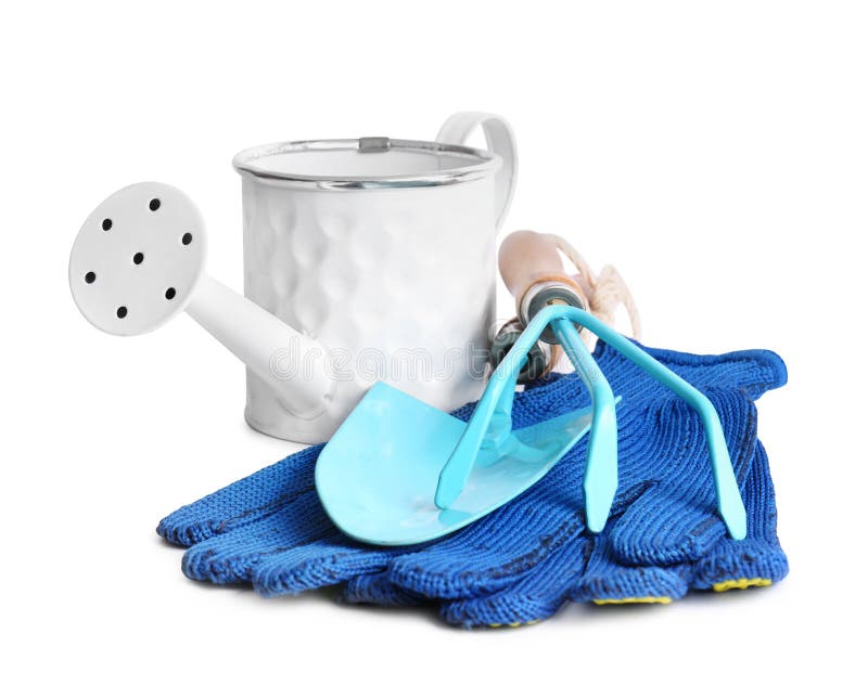Watering Can and Gardening Tools on White Background Stock Photo ...
