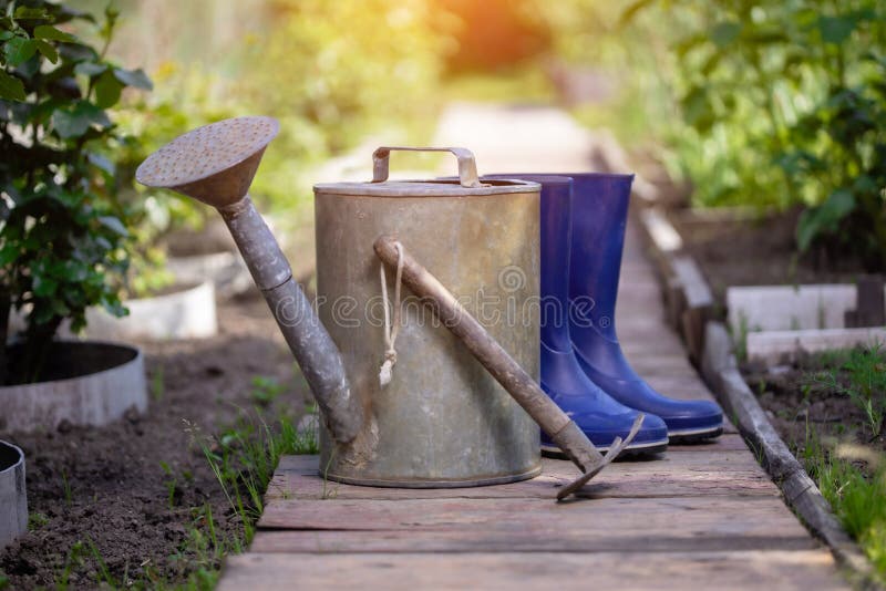 Watering Can, Rubber Boots and Ripper after Gardening Stock Image ...