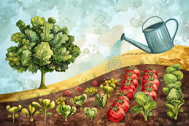 Watering Can and Vegetable Garden Illustration with Various Plants ...