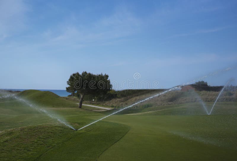 Watering the golf course stock photo. Image of irrigation - 143228204