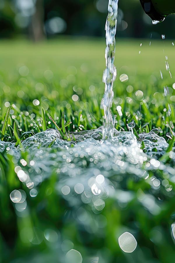 Watering Grass with a Garden Hose Creating a Bokeh Effect. Stock Photo ...