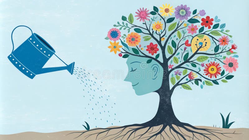 Watering the Mind Profile, Floral Tree, Blue Background, Growth Stock ...