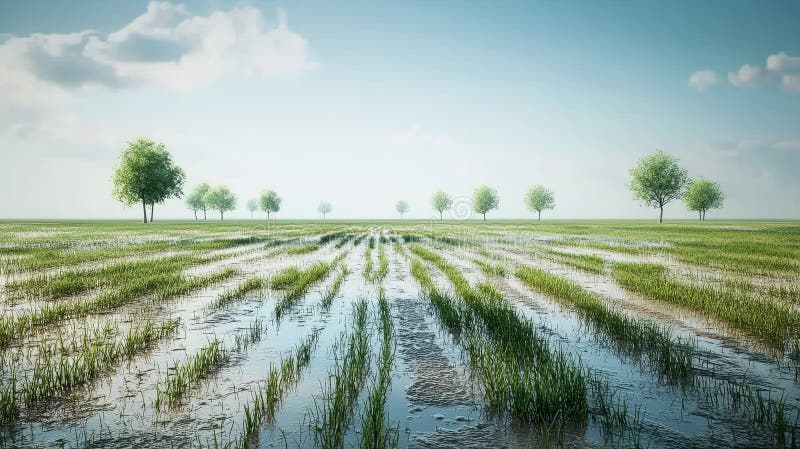 A Waterlogged Rice Field with Emerging Rice Plants and Surrounding ...