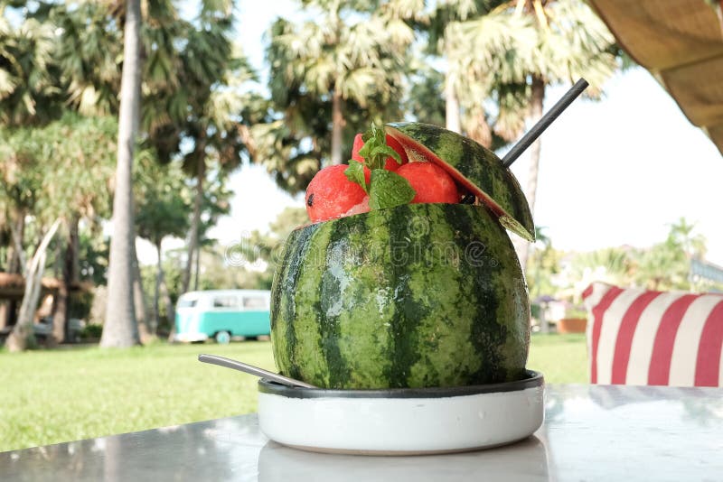 Watermelon Ball and Watermelon Juice Smoothie in Watermelon Shell Stock ...