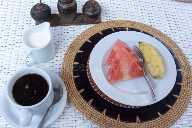 Watermelon, Banana and Coffee Stock Photo - Image of black, breakfast ...