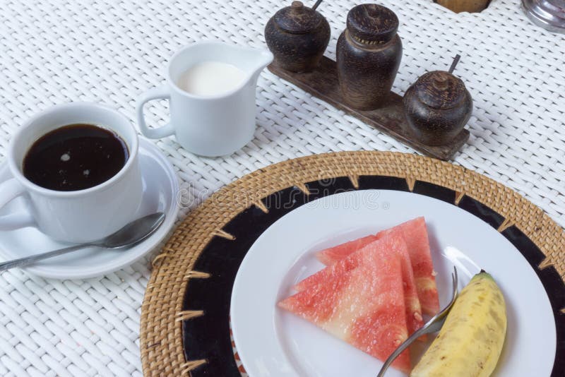 Watermelon, Banana and Coffee Stock Photo - Image of bread, fresh ...