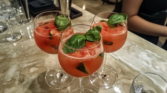 Watermelon Basil Spritz with Basil Leaf Garnish. Stock Photo - Image of ...