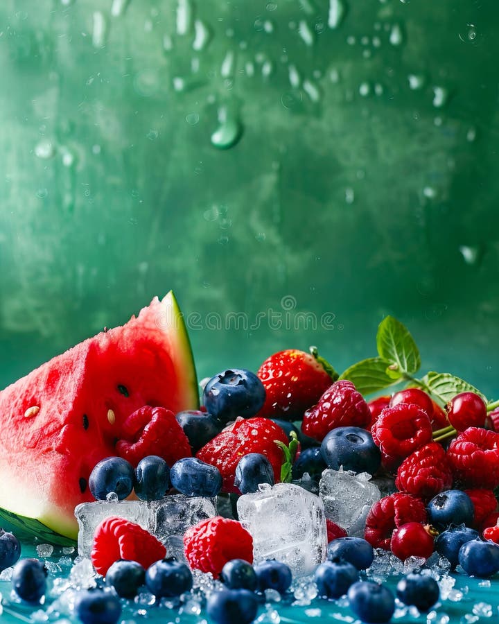 Watermelon, Berries and Ice on a Green Background Stock Image - Image of water, superfood: 323940191