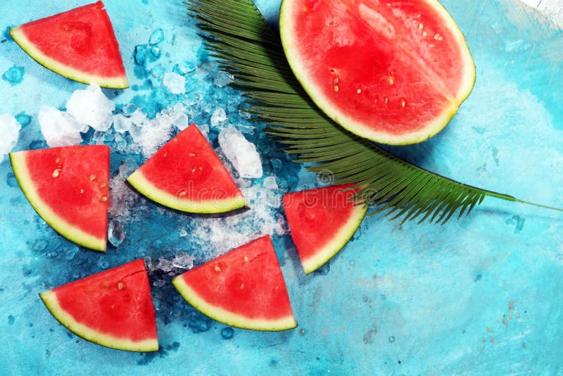 Watermelon on Blue Background. Juicy Summer Fruit in Slices Stock Image ...