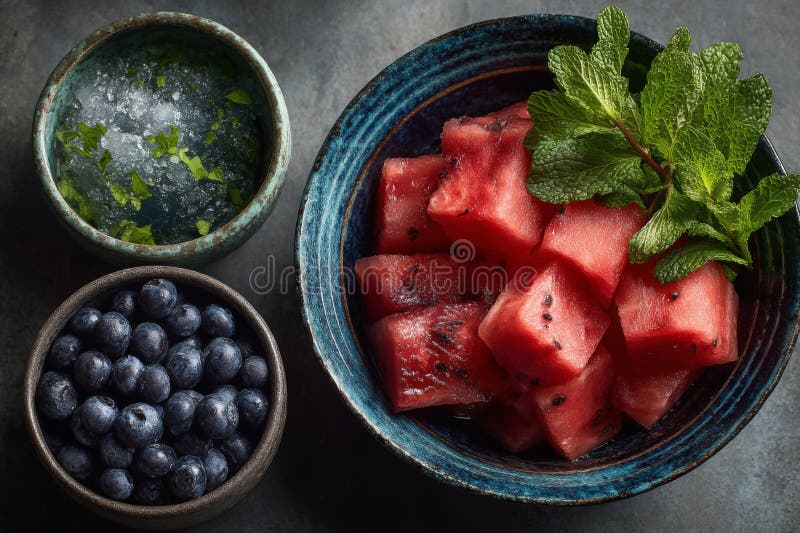 Watermelon and Blueberry Salad with Mint in Blue Bowls Stock ...