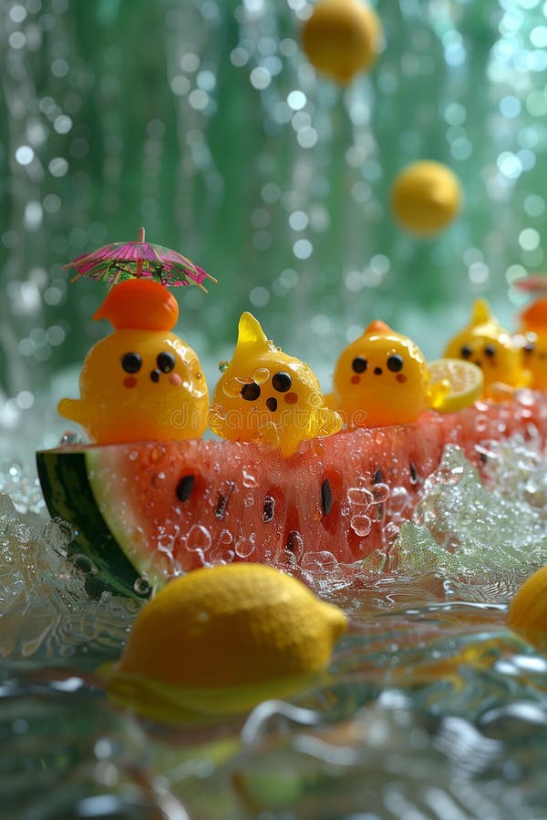 Watermelon Boat Carrying Yellow Rubber Ducks Stock Photo - Image of ...