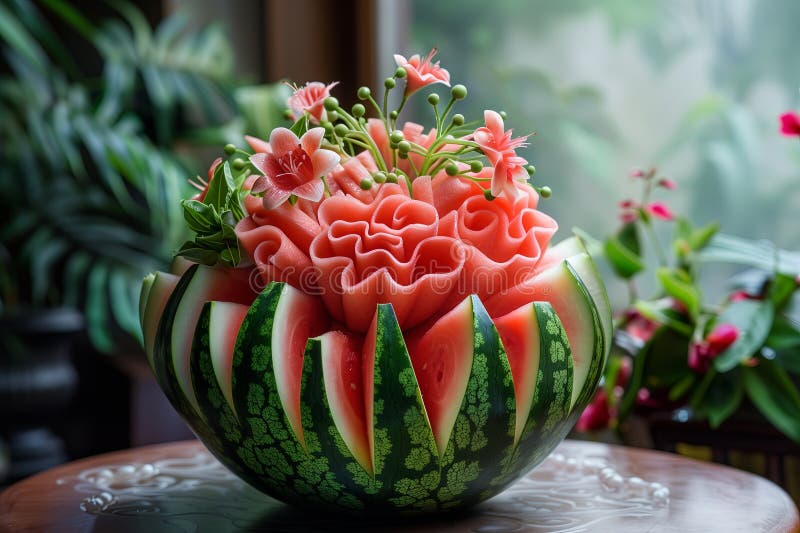 Watermelon Carving on the Table in the Kitchen. Stock Image - Image of ...