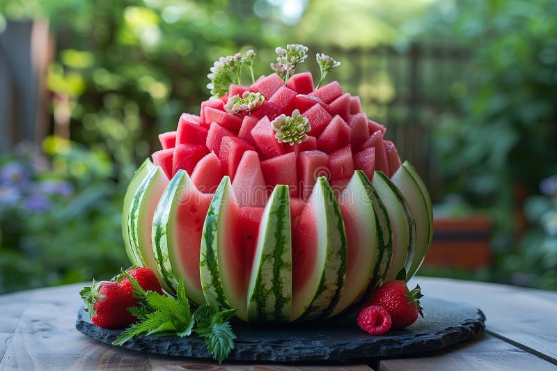Watermelon Carving on the Table in the Kitchen. Stock Photo - Image of ...
