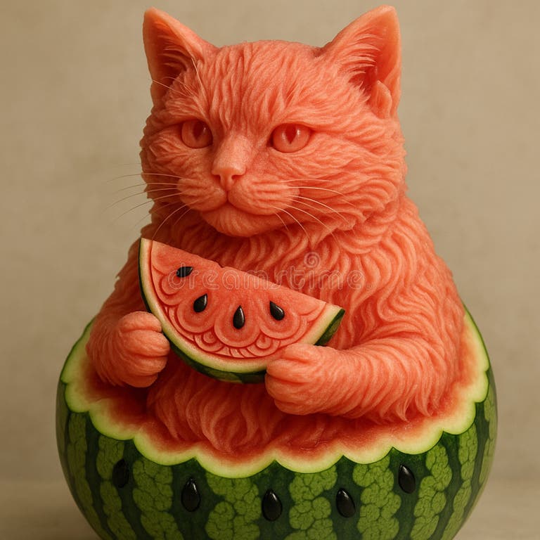 Watermelon Cat Carving Fruit Art Stock Image - Image of organ, carving ...