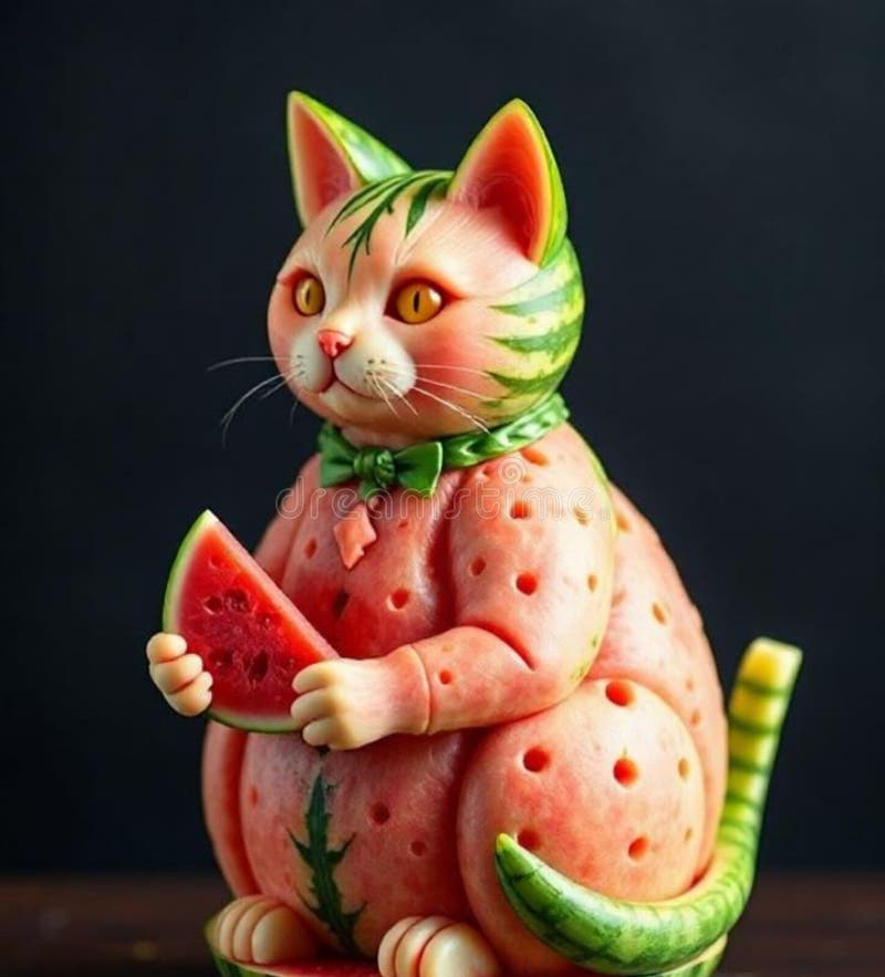 Watermelon Cat Carving Fruit Art Stock Illustration - Illustration of ...