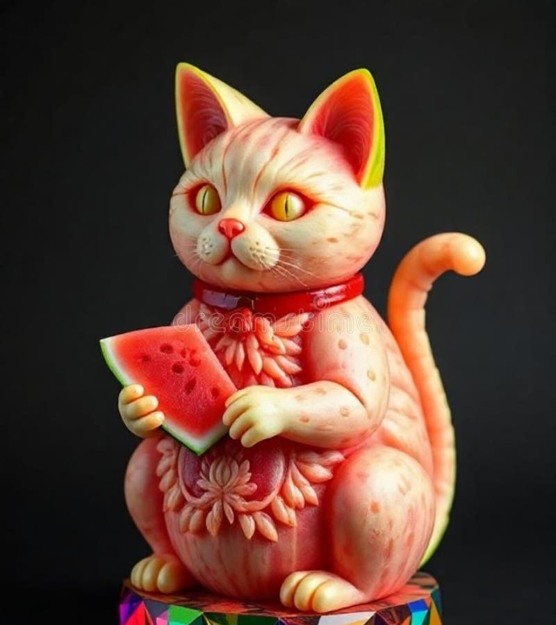 Watermelon Cat Carving Fruit Art Stock Illustration - Illustration of ...