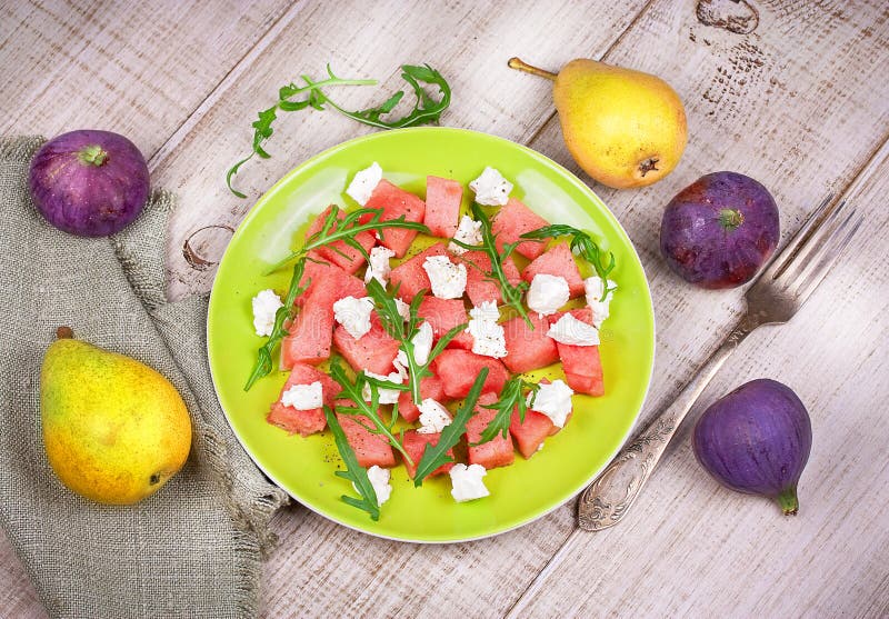 Watermelon, Cheese, Rocket Salad Stock Image - Image of autumn, fresh ...