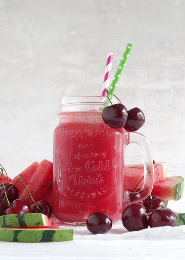 Watermelon-cherry smoothie stock photo. Image of drinks - 74174240
