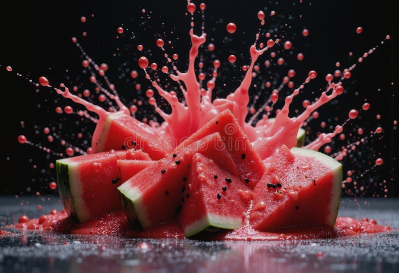 Watermelon Chunks Exploding with Pink Juice and Seeds in a Dynamic ...