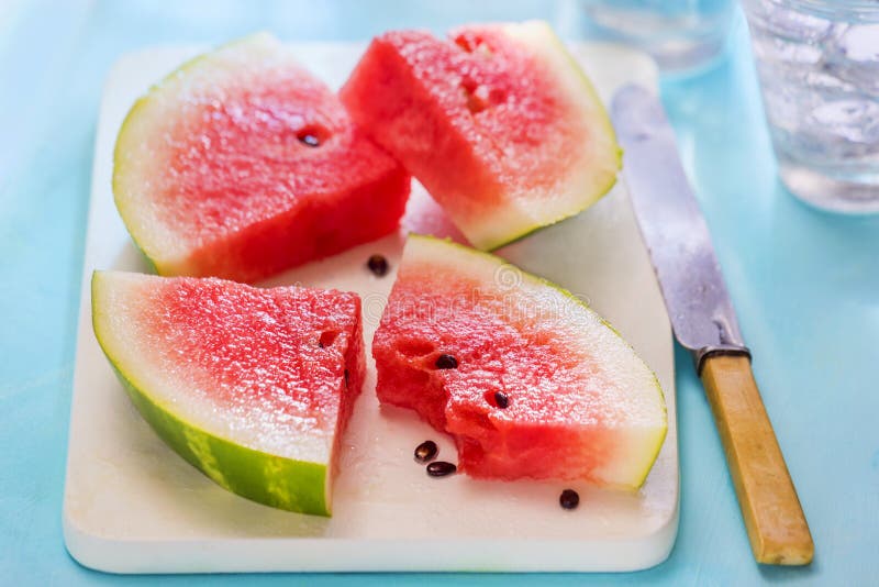 Watermelon Chunks on Wooden Board Stock Photo - Image of chunk, juice ...
