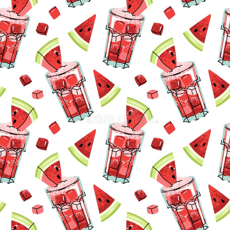 Watermelon Cocktail Seamless Pattern with Ice Cubes and Fruit Pieces in Flat Design for Summer ...