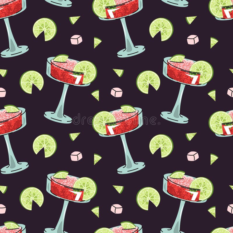 Watermelon Cocktail Seamless Pattern with Lime Slice and Crushed Ice in Flat Design for Summer ...