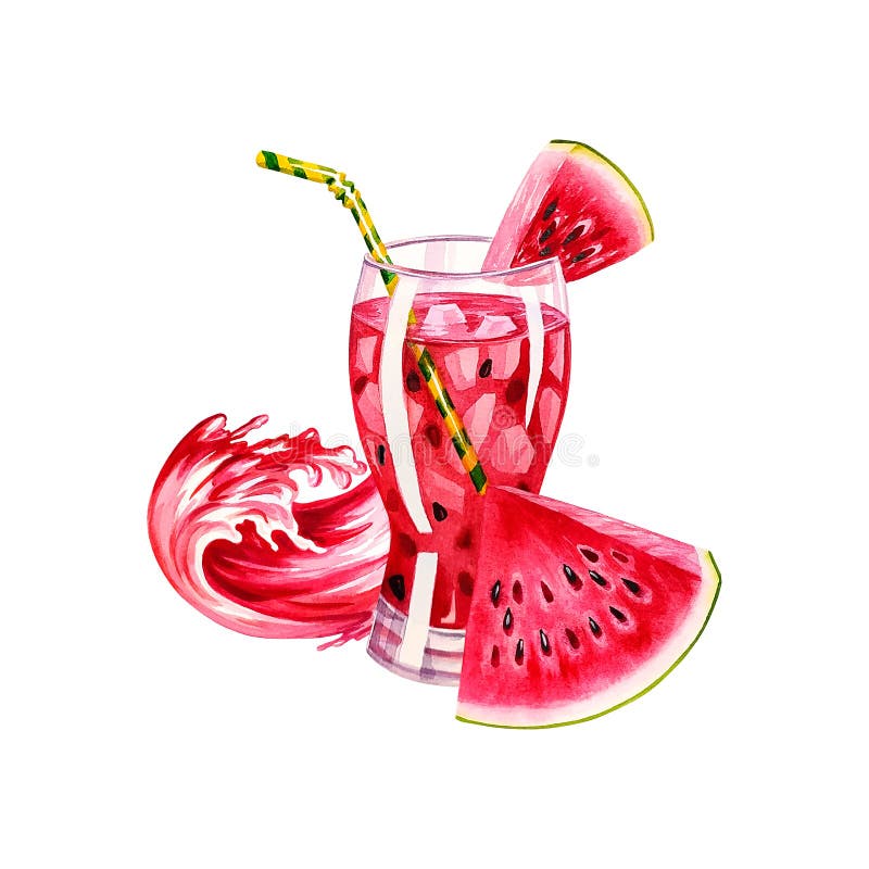 Watermelon Composition with Falling Watermelon into Juice. Watercolor ...