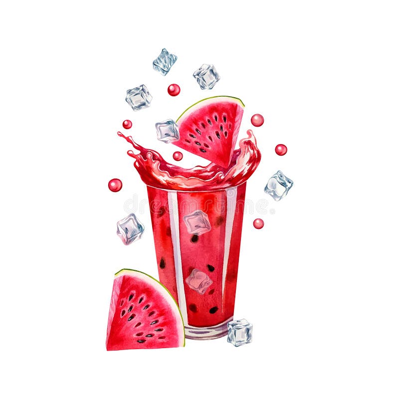 Watermelon Composition with Falling Watermelon into Juice. Watercolor ...
