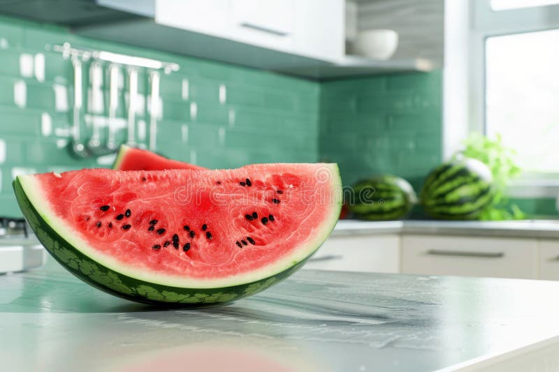 Watermelon on Countertop Modern Kitchen Stock Image - Image of ripe ...