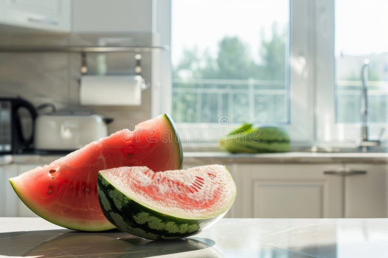 Watermelon on Countertop Modern Kitchen Stock Image - Image of food ...