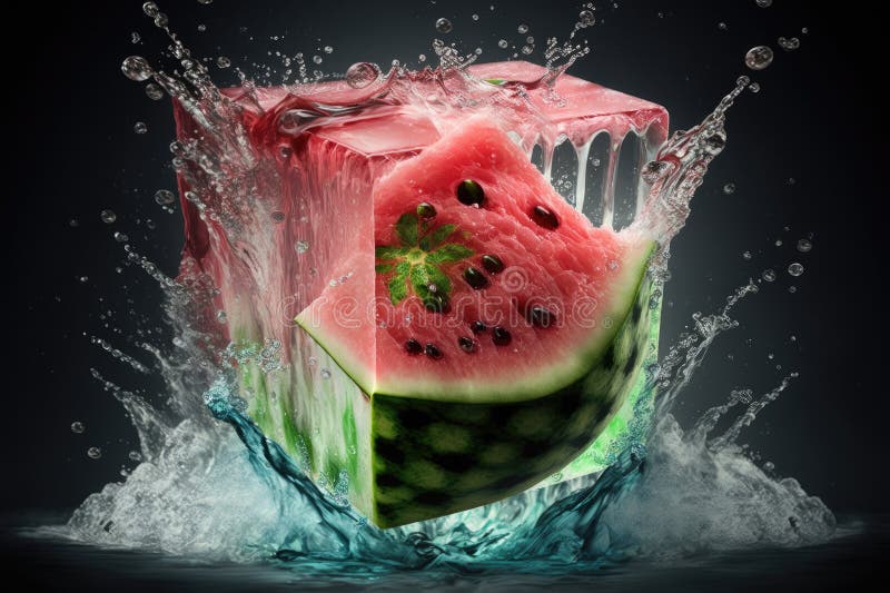 Watermelon Cube Splash Under Ice Cube Stock Illustration - Illustration ...